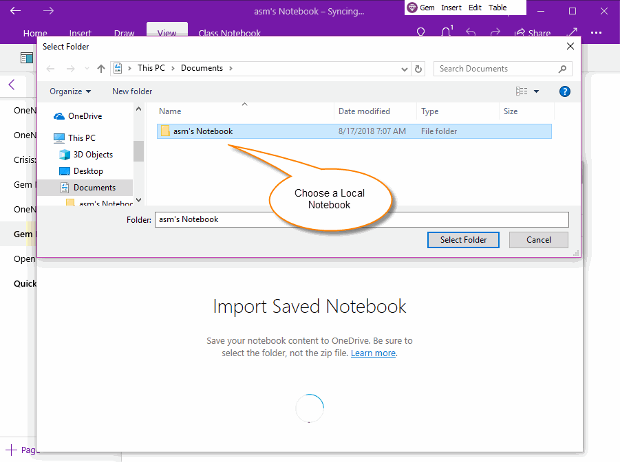 UWP Select Folder Of OneNote Local Notebook And Import Office OneNote Gem Add Ins