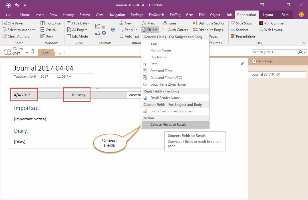 How To Create And Using Date Fields In An OneNote Template Office OneNote Gem Add Ins