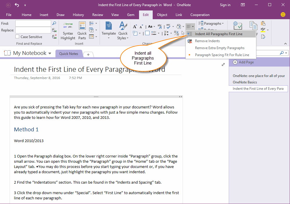 Indent The First Line Of All Paragraphs In OneNote By One Click