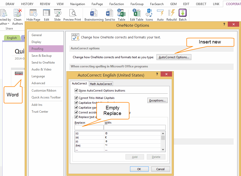 Quickly Add OneNote AutoCorrect Office OneNote Gem Add Ins