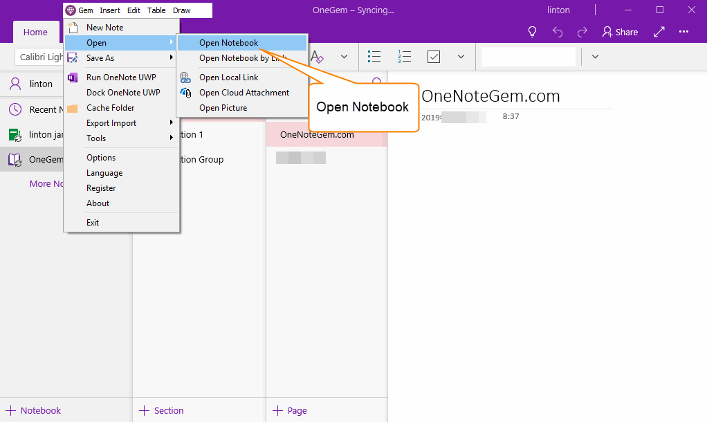 UWP How To Using Gem Menu To Open The Shared Notebook From Other 