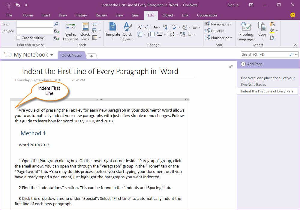 Indent The First Line Of All Paragraphs in OneNote By One Click 