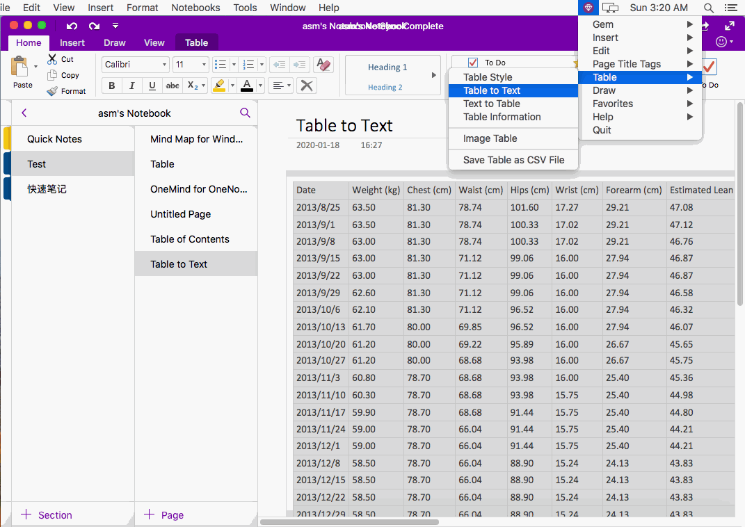 Mac How To Convert A Table To Text In Mac OneNote Office OneNote Gem